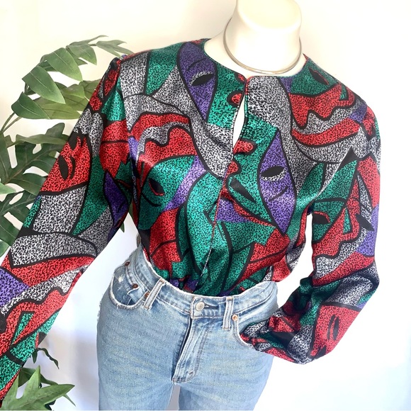 Vintage | Tops | V I N T A G E Artsy Unique Flowy Slouchy Satin Blouse ...
